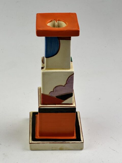 Clarice Cliff Autumn Blue Shape 392 Candlestick 175cm Rare Art Deco Shape Circa 1931