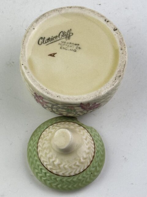 Clarice Cliff small Pink Flowers & Circles honey pot with stalk cover ...